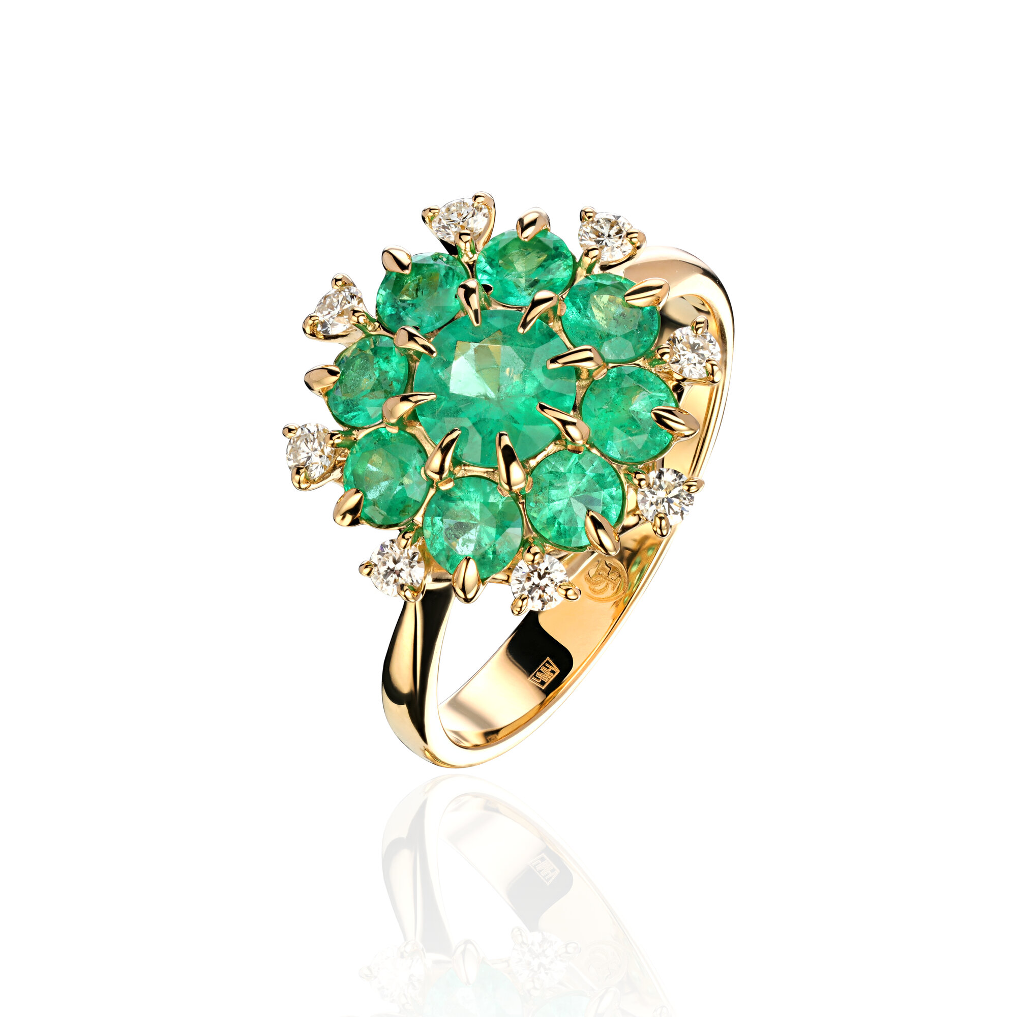 Кольцо, желтое золото, 750 проба, изумруд, бриллиант