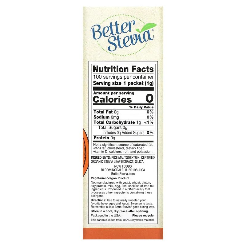 NOW Foods, Original Better Stevia, подсластитель, не содержащий калорий, 100 пакетиков, 100 г
