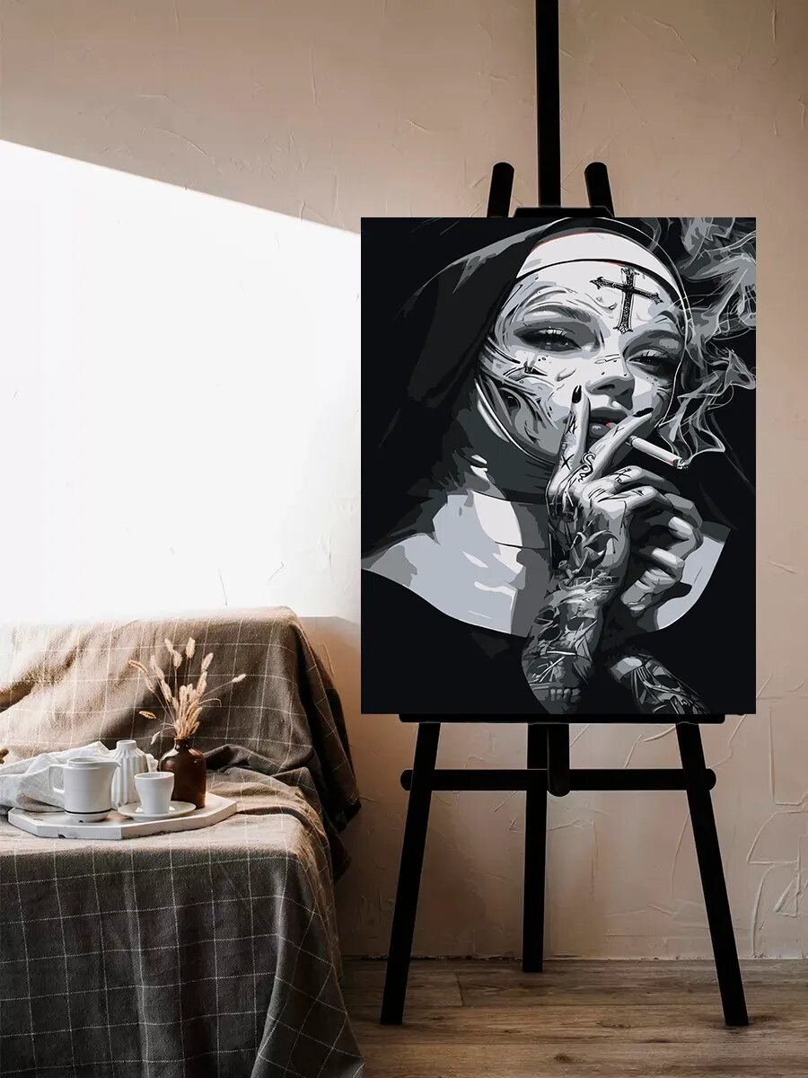 Картина по номерам Крутая Монашка Тату Дым