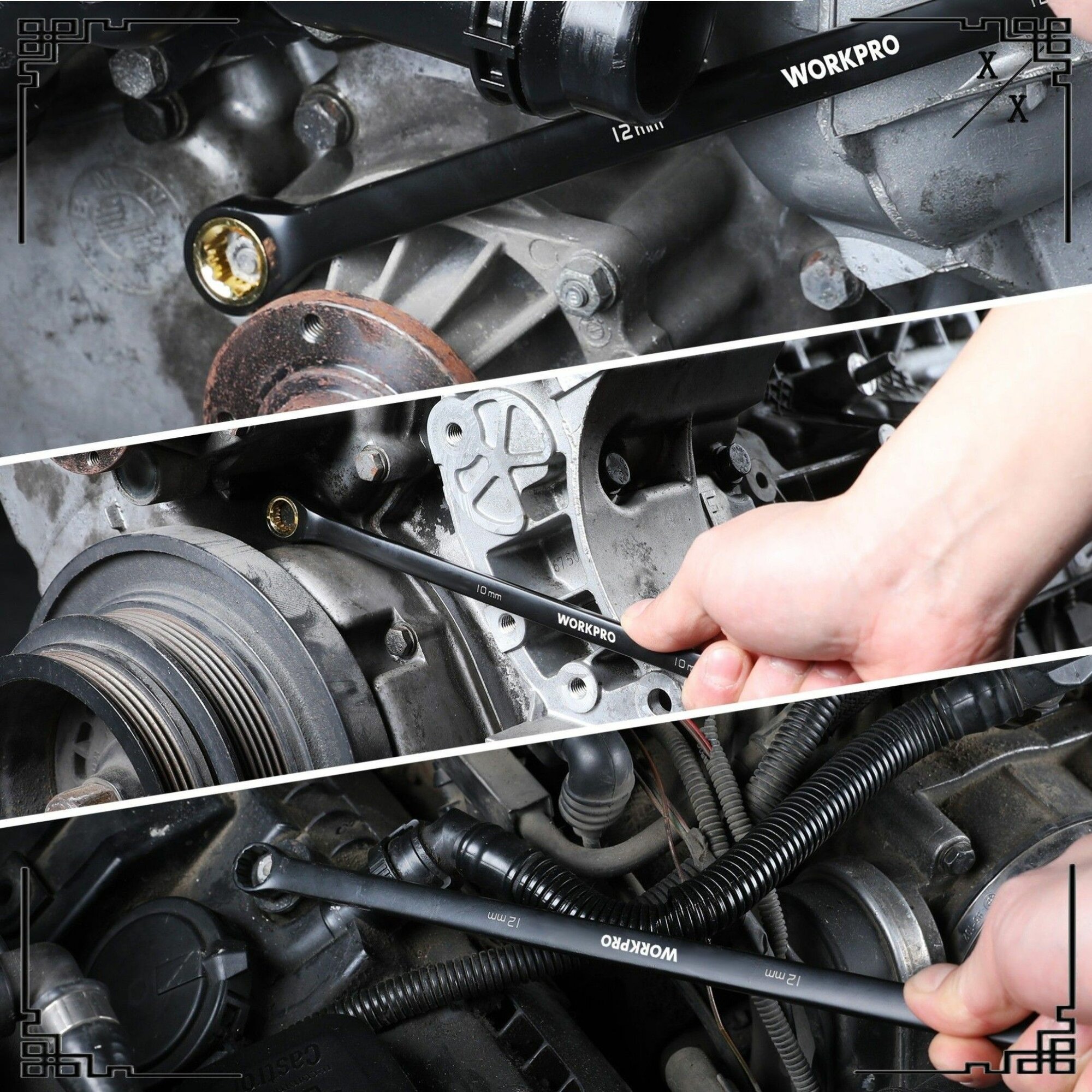 Эксклюзивный комплект удлиненных двусторонних ключей WORKPRO 10 предметов с трещоткой и чехлом