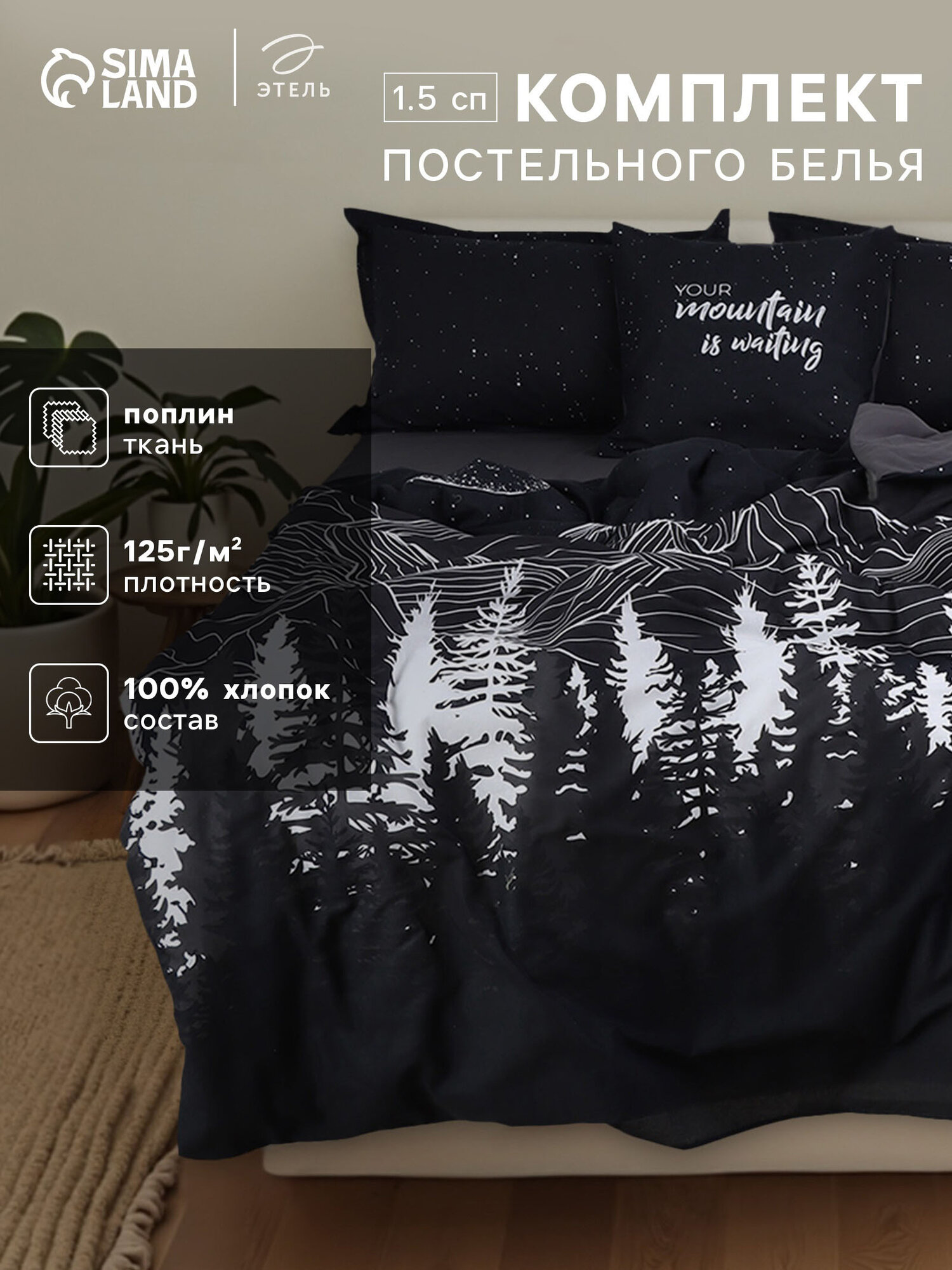 Постельное бельё Этель "Полярная ночь" 1.5сп, 143х215 см, 150х214 см, 50х70 см-2 шт, поплин 125 г/м²