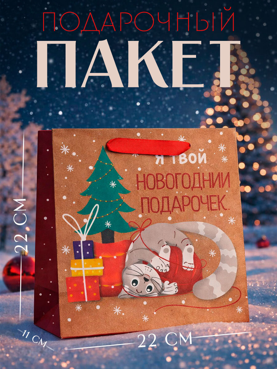 Подарочный пакет, «Подарочек», 22 х 22 х 11 см, крафт, коричневый, для упаковки подарка на Новый год