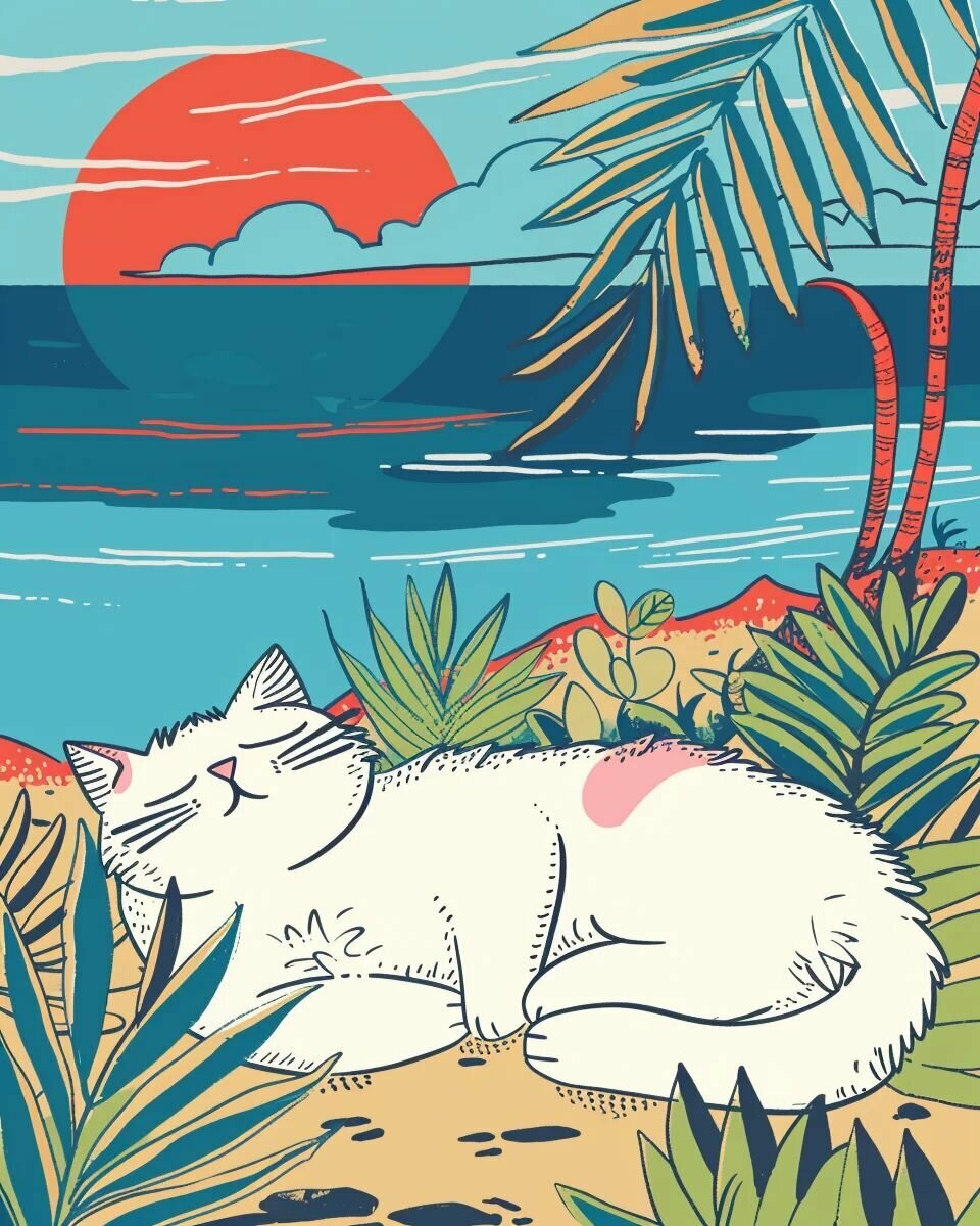 Набор для самостоятельной вышивки алмазами 5D Белый кот на пляже - круглая алмазная мозаика размером 40x50 см для украшения стен дома,40X50CM, белый