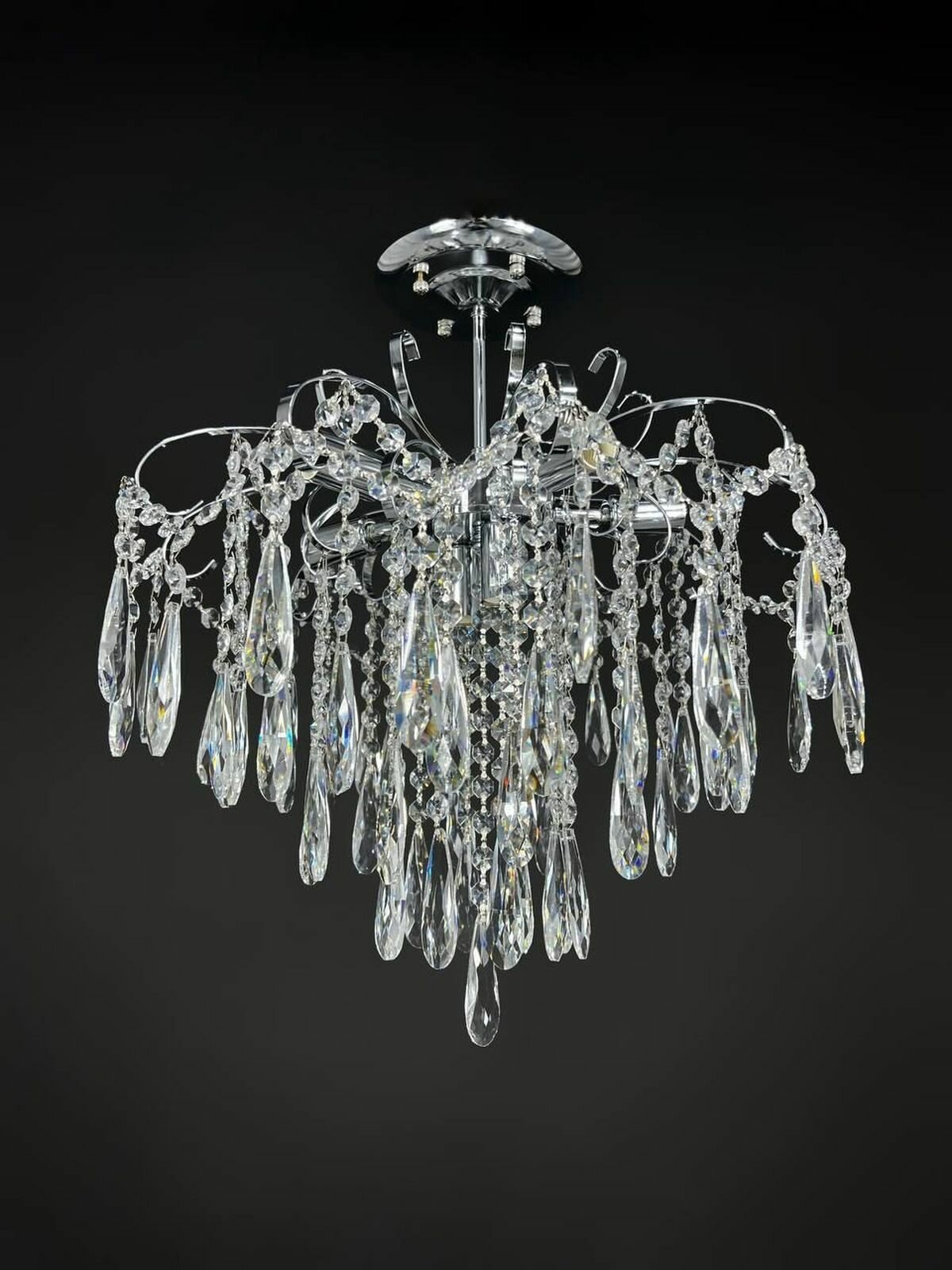 Люстра хрустальная потолочная, цоколь E14 5шт, цвет серебро, 45см.