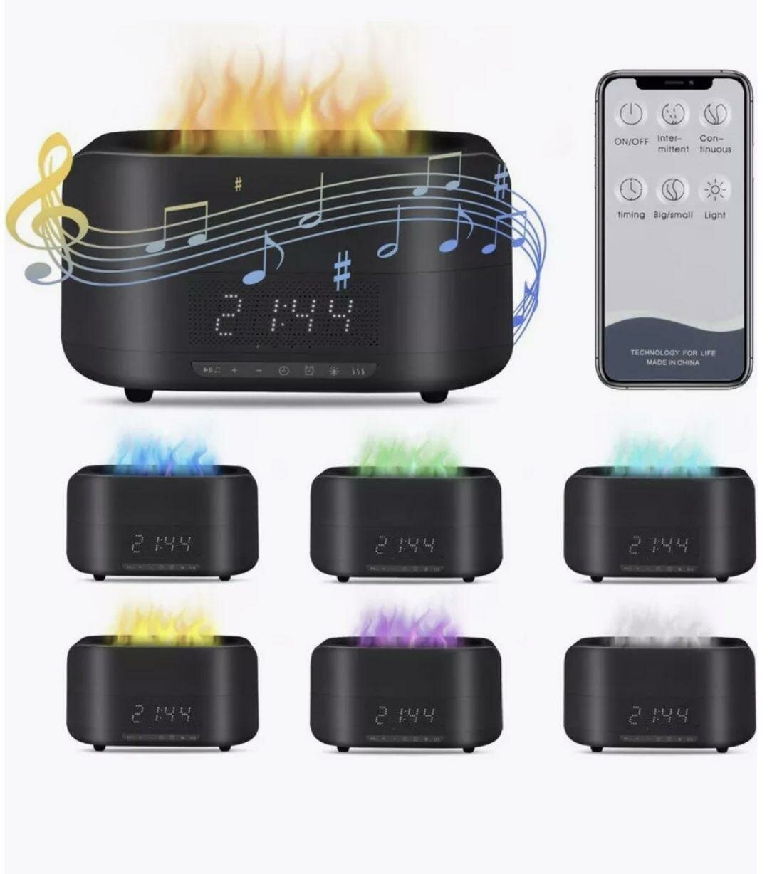 Увлажнитель воздуха, ультразвуковой, с часами, Bluetooth и эффектом пламени, черный