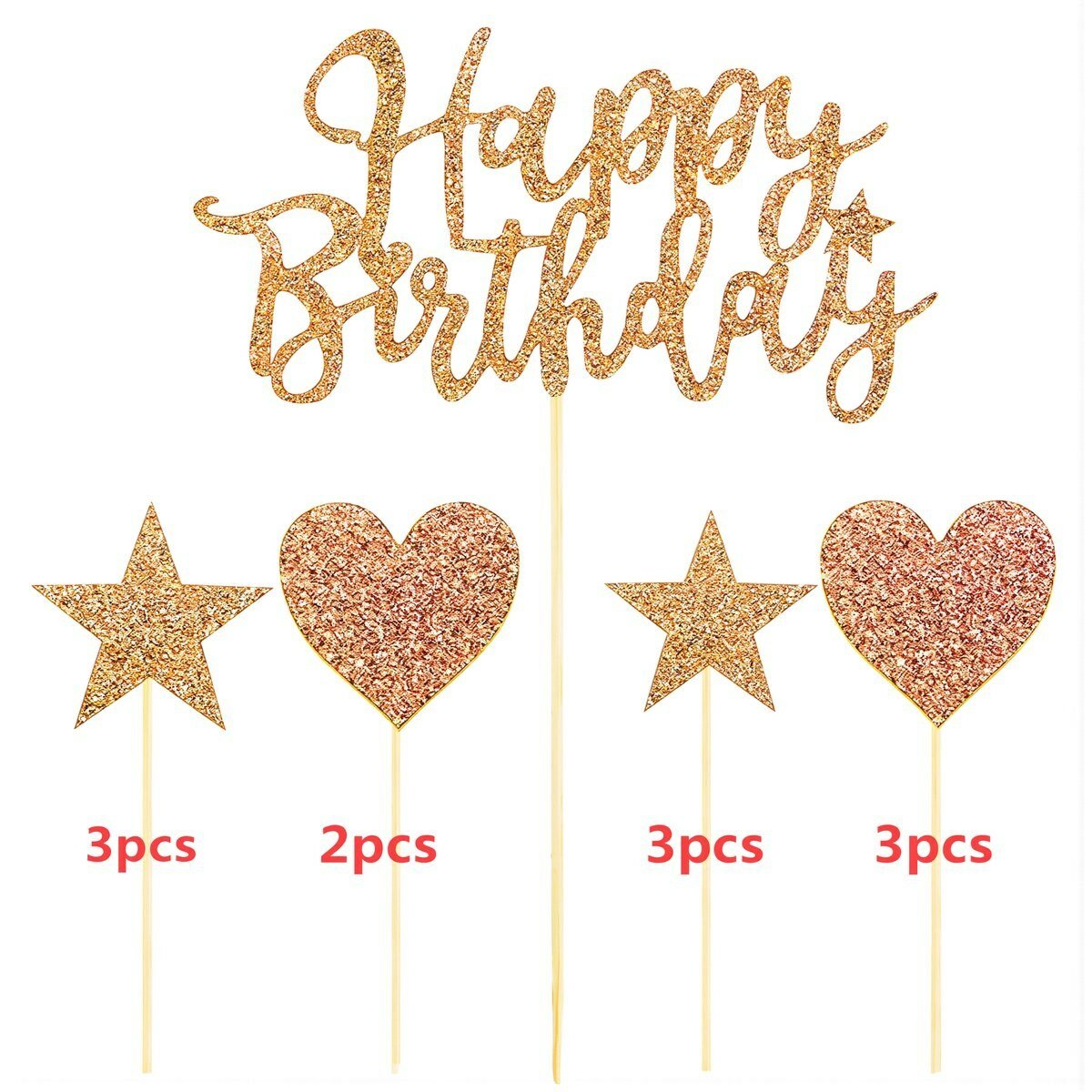 Топпер для торта Happy Birthday розовый золотой блестящий набор из 11 штук декор звезда сердце для праздника дня рождения домашнего вечеринка украшение стола