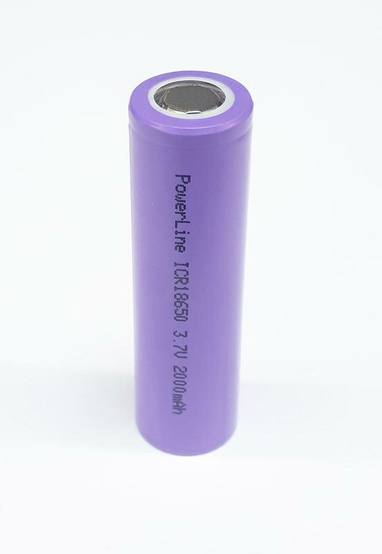 Аккумулятор Powerline 18650 ICR 3.7V Li-ion 2000mAh (б/защиты, плоский плюс) , 1шт.