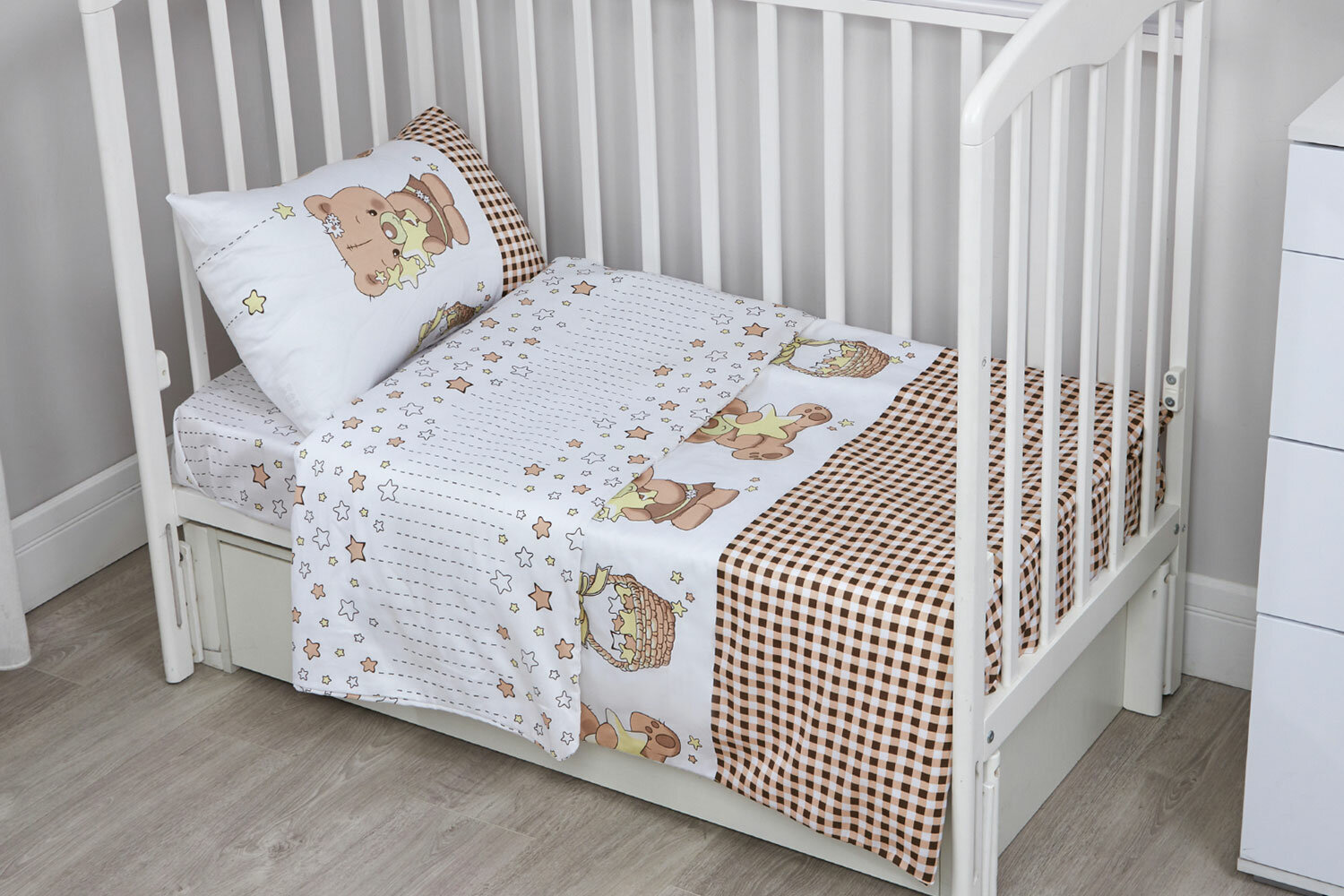 Комплект постельного белья MICASA Kids Stars, Сатин, 112х147 см, цвет белый