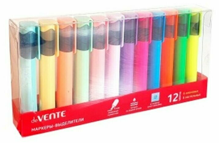 Маркер текстовыделитель deVente набор 12шт клин жало 1-5мм, (6 неон 6 пастель)