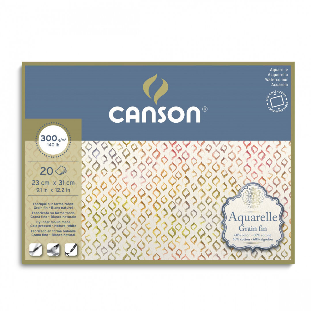 Canson Блок для акварели "Aquarelle", 23x31см, 300г\м2, 20л, Cold Pressed, 60% хлопок