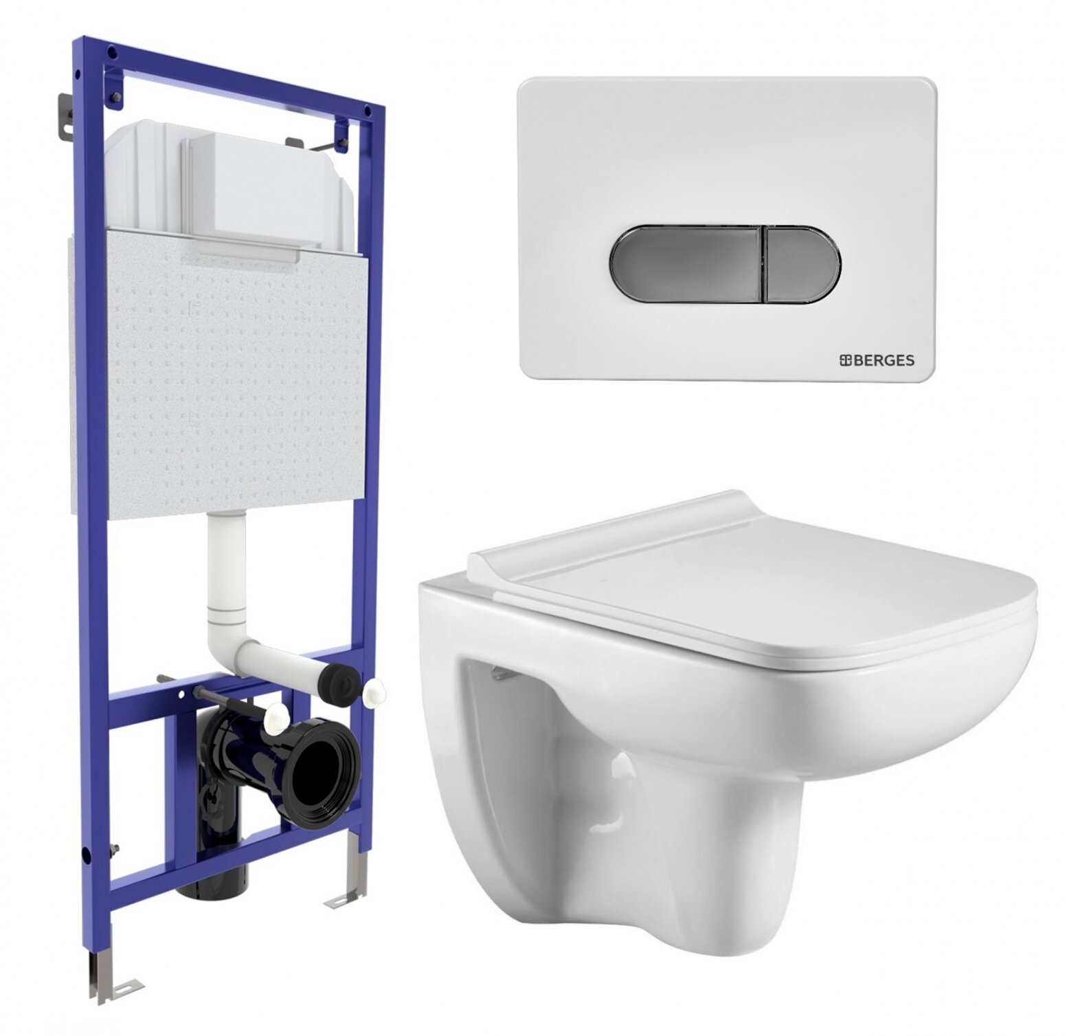 Комплект 3 в 1 инсталляция Berges Wasserhaus Novum D7 + Подвесной унитаз WeltWasser Kehlbach 004 GL-WT + кнопка хром