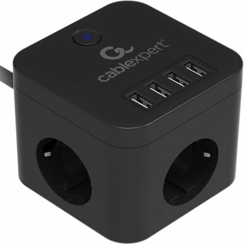 Сетевой фильтр Cablexpert CUBE-3-U4-B-1.5 куб 3 евро розетки 2.5кВт зарядка 4 порта USB-А - 1.5м чёрный