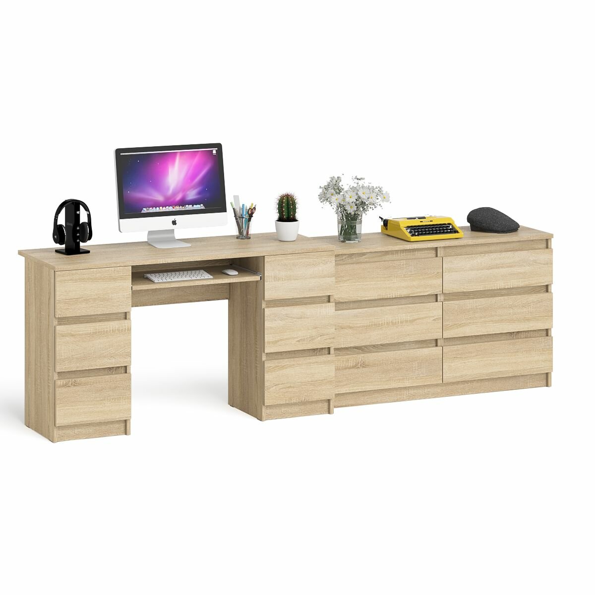 Комод СВК Мори на шесть ящиков и стол компьютерный 2-х тумбовый цвет дуб сонома, 255,8х50х76,6 см.