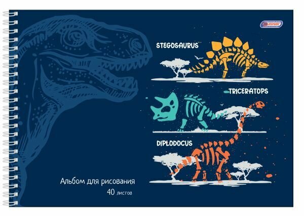 Альбом для рисования 40 листов на гребне "Динозавры", AR-14015