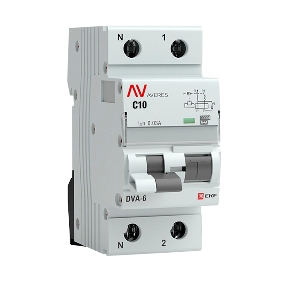 Автомат дифференциальный EKF Averes DVA-6 10А 30 мА 1P+N Тип А 6 кА (rcbo6-1pn-10C-30-a-av)
