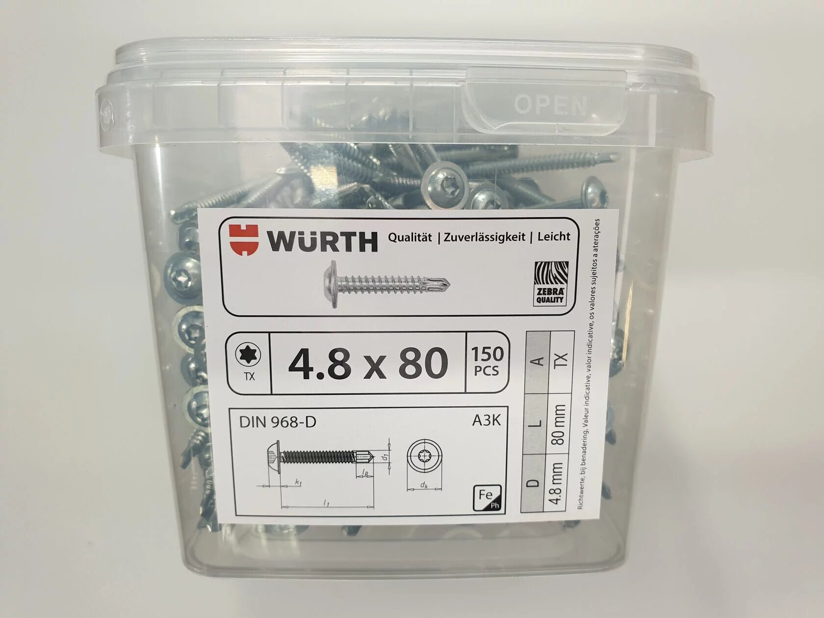 Саморез по металлу DIN 968-D 4.8x80 (150 pcs) WURTH, Германия