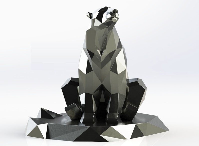 Полигональная фигура белый медведь, геометрический полигональный металлический декор интерьера