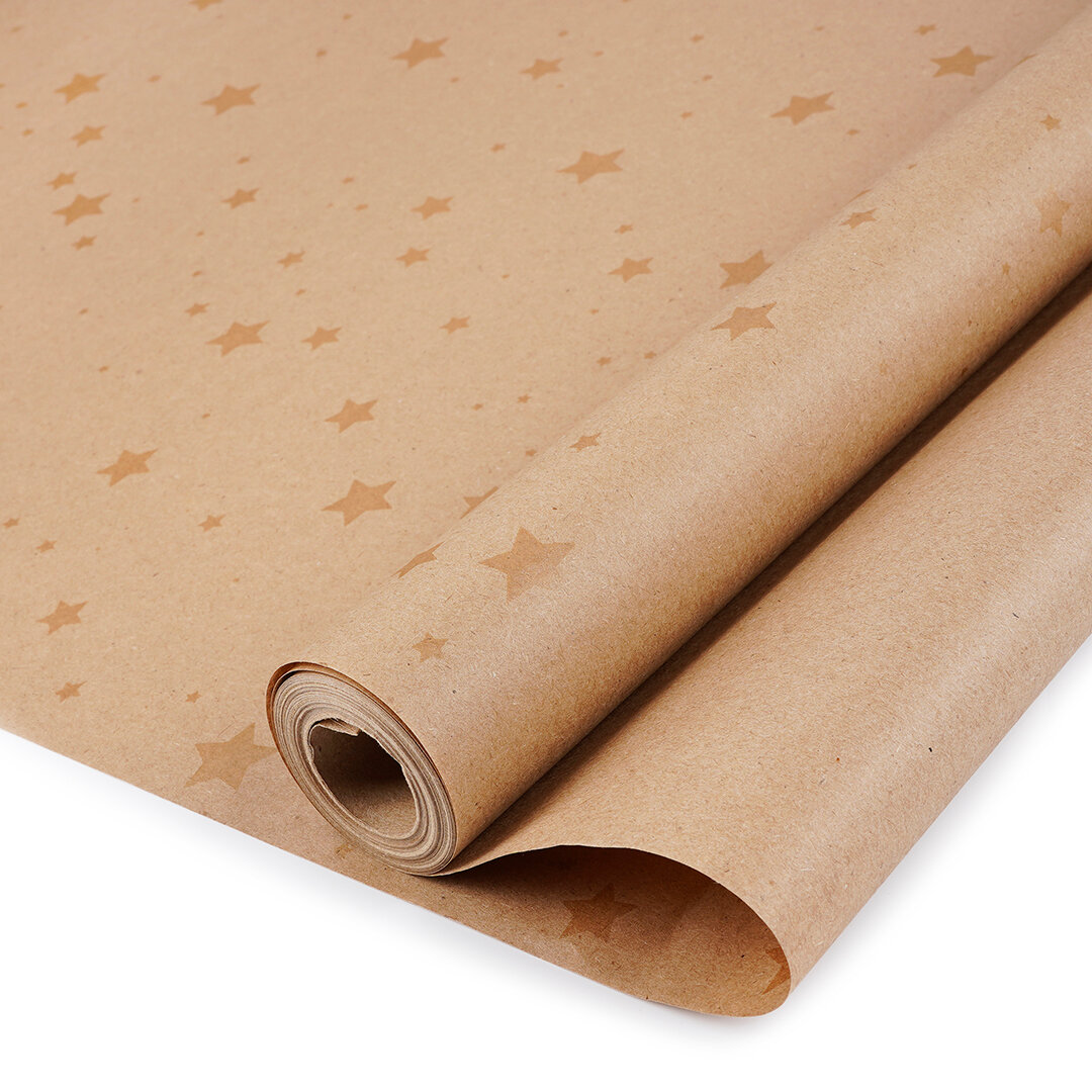 Упаковочная бумага, Крафт 50гр (0,6x10 м) Звезды, Золото, 1