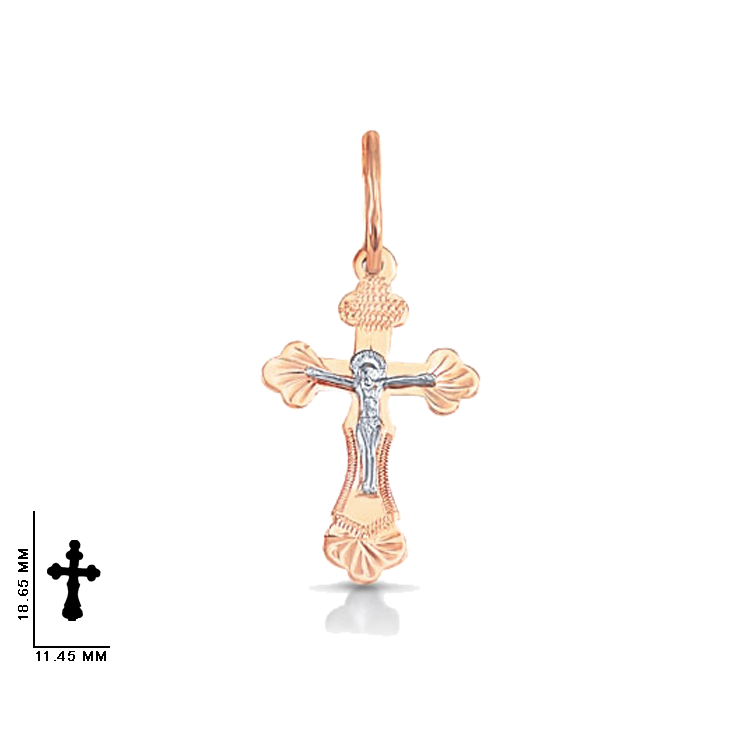 Крестик, комбинированное, красное золото, 585 проба, гравировка, родирование