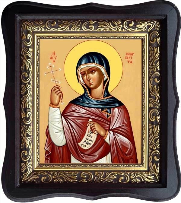 Маргарита (Марина) Антиохийская Святая великомученица. Икона на холсте. (10 х 12 см / В фигурном киоте)