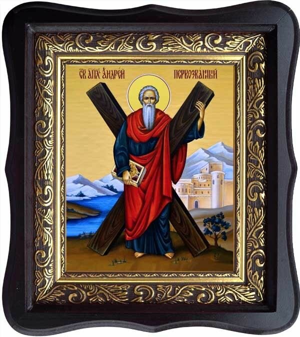 Андрей Первозванный Святой Апостол. Икона на холсте. (17 х 21 см / В деревянном киоте под стеклом).