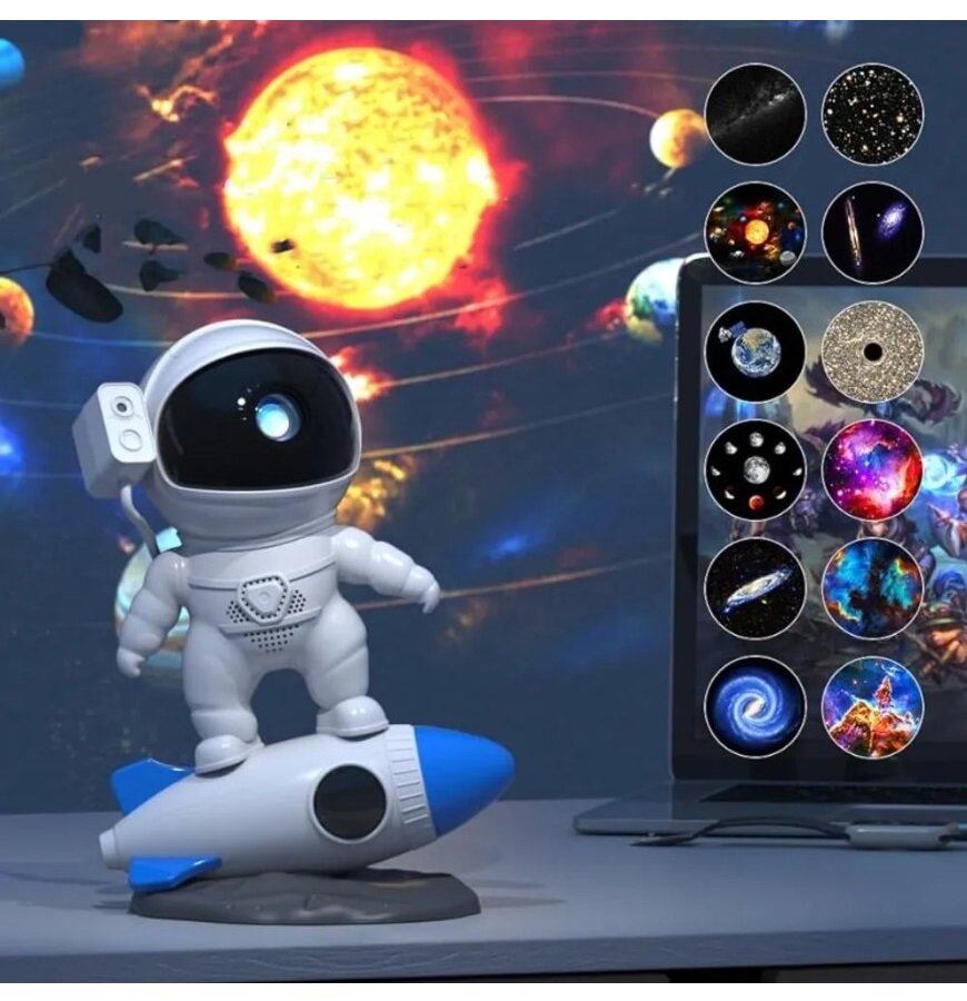 Проектор звездного неба / Ночник Космонавт на ракете с RGB подсветкой с комплектом сменных картриджей