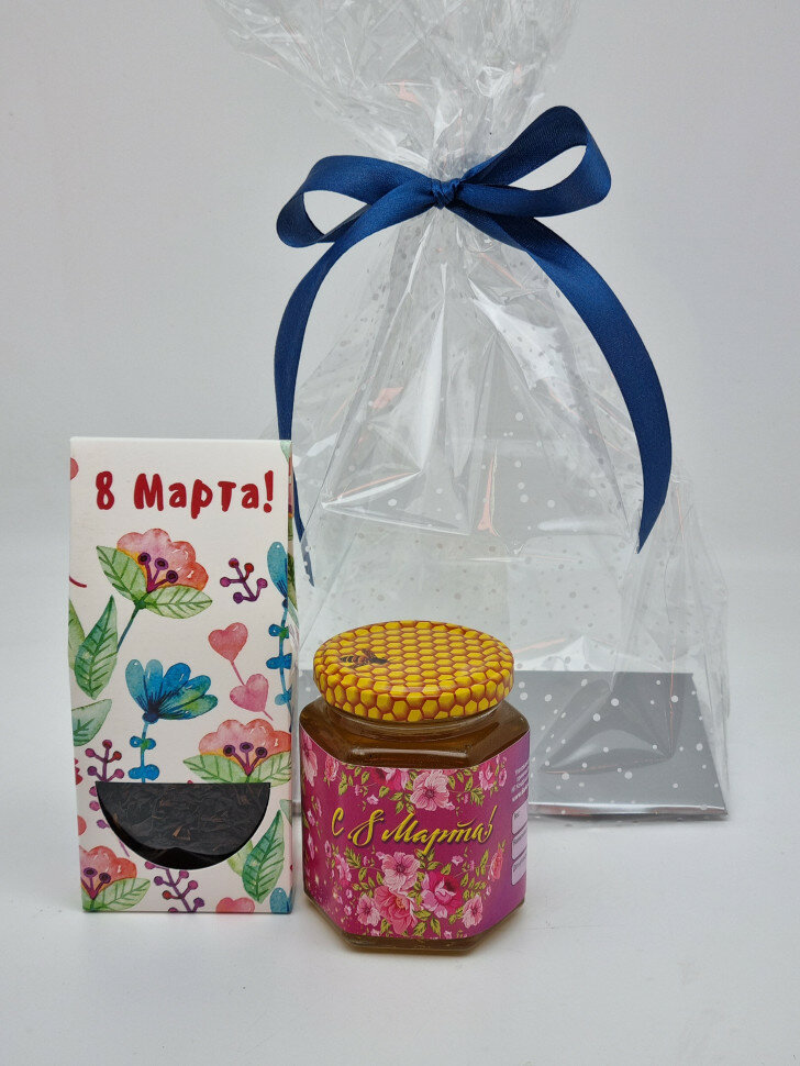 Подарочный набор с 8 марта чай черный 50гр, мед акация 250гр