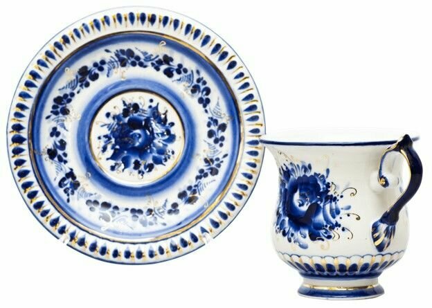 Чайная пара гранат, гжель В золоте, в белой картонной коробке