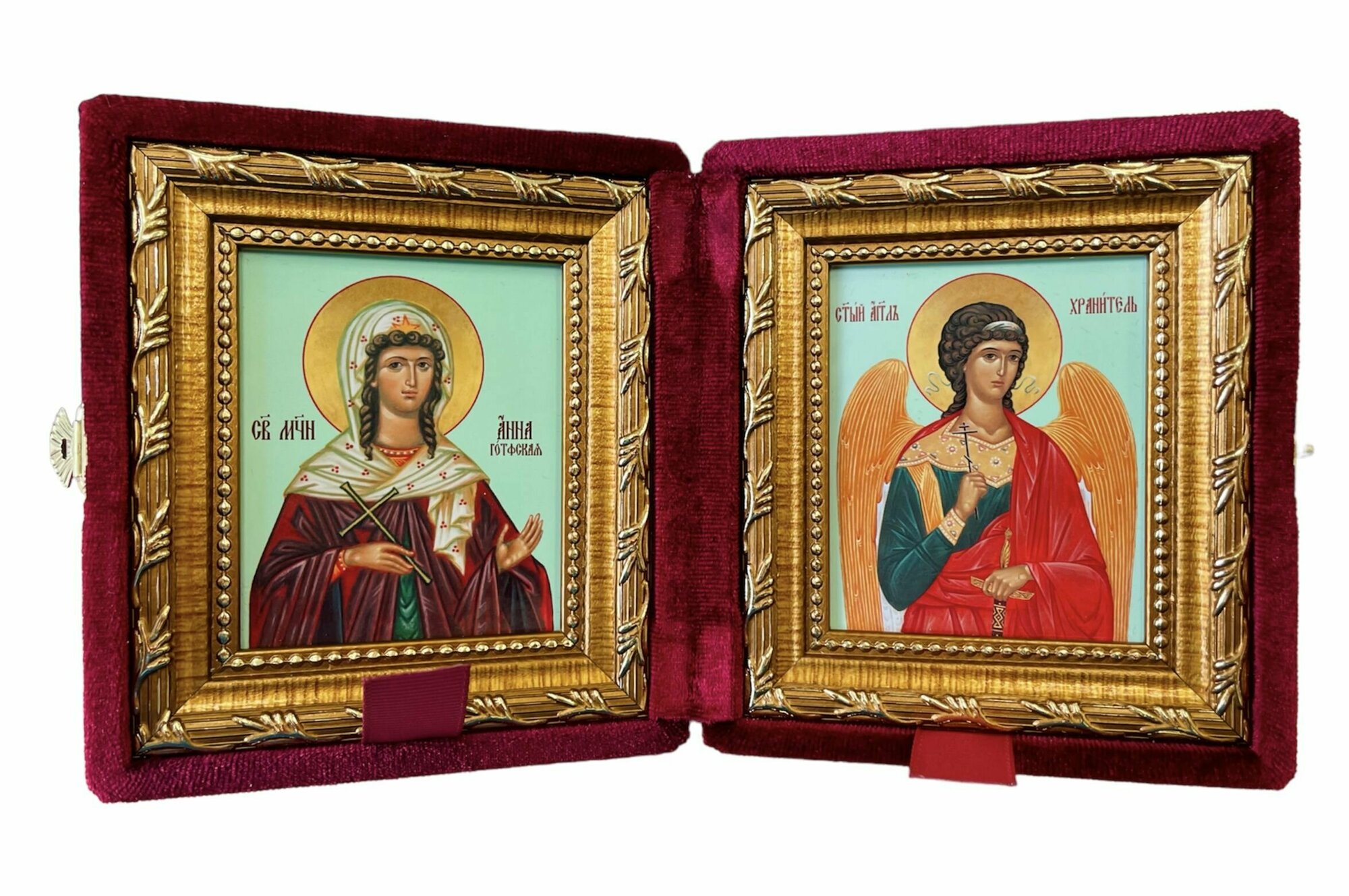 Икона Складень Анна Готфская, Мученица и Ангел Хранитель в бархатном футляре, 14х17 см
