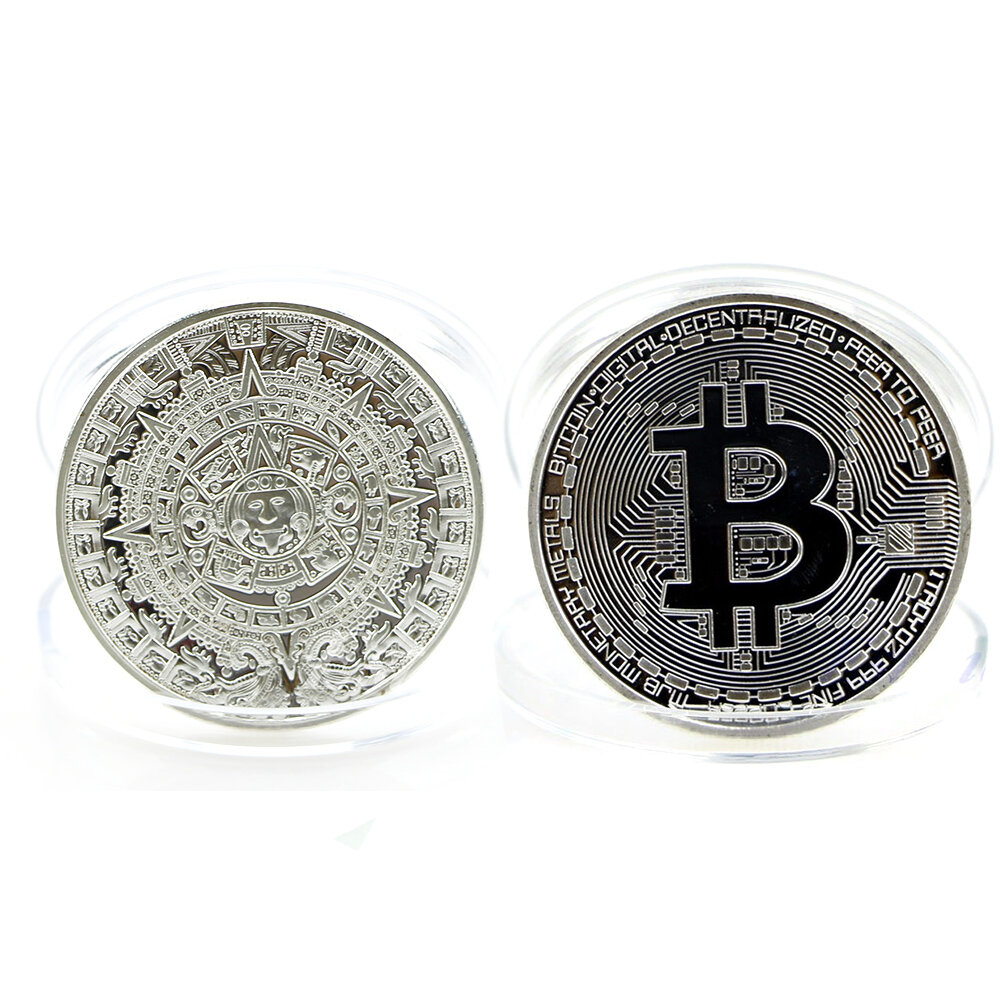 Набор сувенирных монет " Календарь Майя", цвет серебро и Биткоин (Bitcoin), цвет серебро