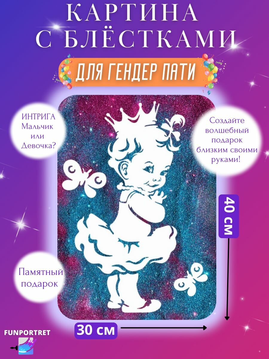 Картина на стену интерьерная гендер пати с блестками, девочка 30*40 см