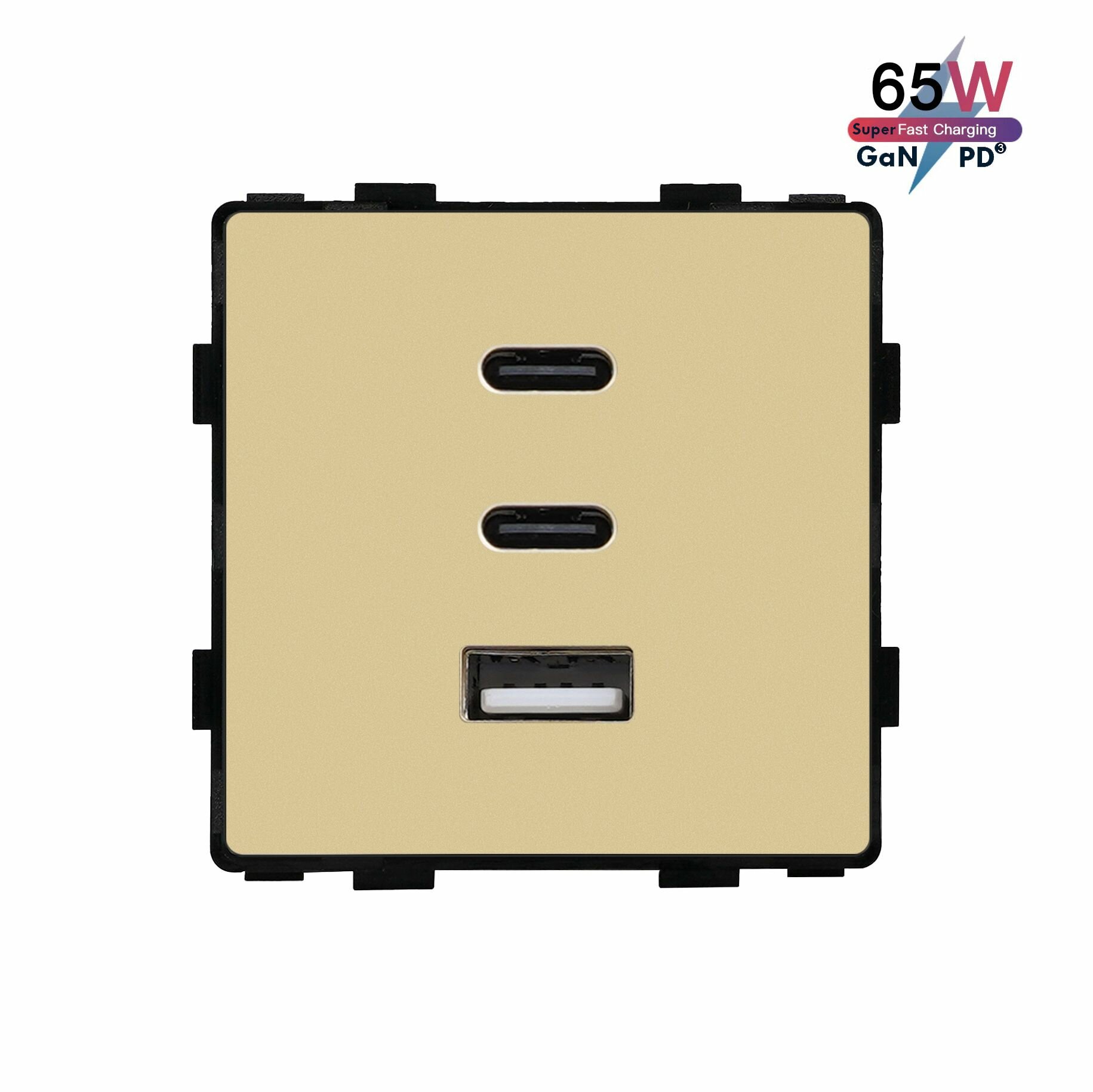 Механизм розетки (без рамки) 3Usb C+C+A, быстрая зарядка 65Вт, цвет золотой