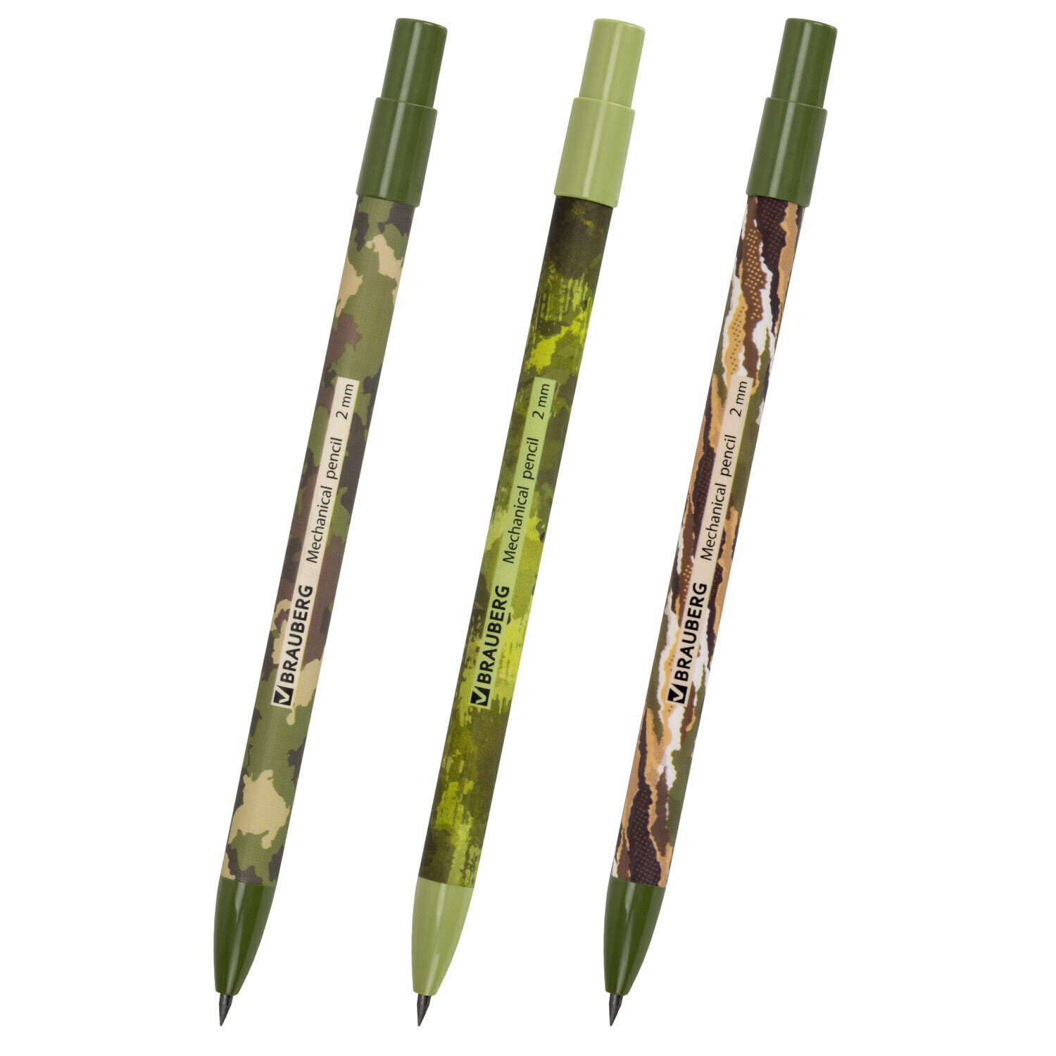 Карандаш механический цанговый 2 мм, BRAUBERG PRINT MILITARY, HB, встроенная точилка, корпус ассорти, комплект из 24 шт, 181962