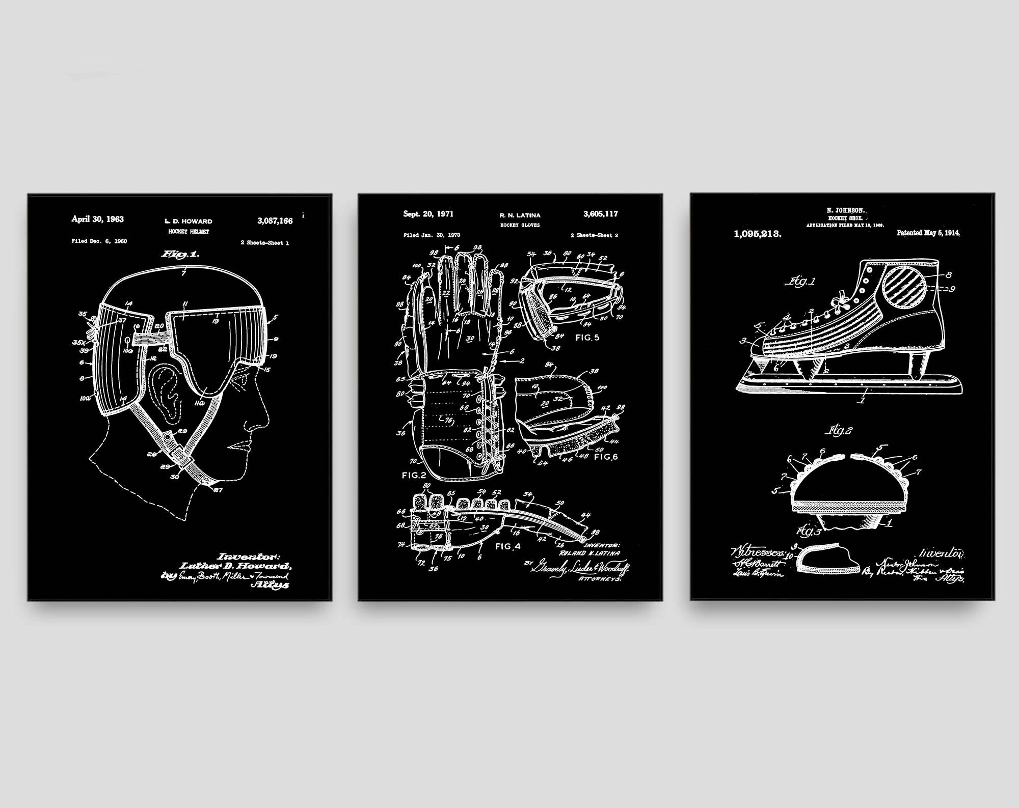 Набор постеров со старинными патентами "Хоккейный шлем, перчатки и коньки" размер А4, без рамы. 3 репродукции винтаж патентов в подарок хоккеисту.