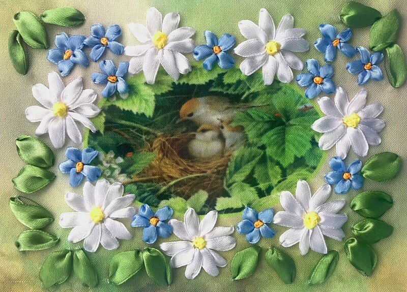 Набор для вышивания FeDi #ЛП1222 Гнездо в ромашках, Вышивка лентами, 18 х 13 см