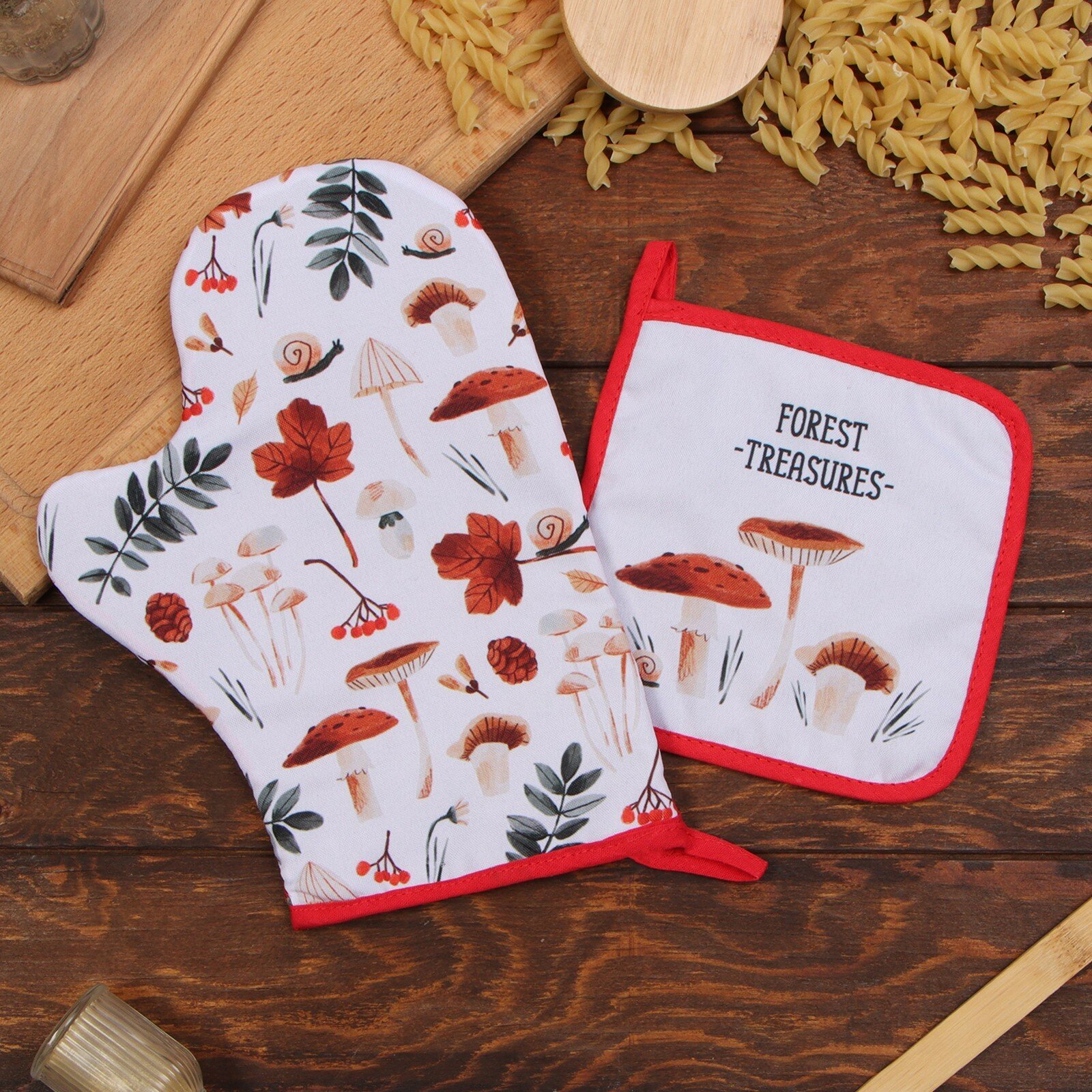 Подарочный набор Доляна "Грибы" варежка 20х28 см, прихватка 17х17 см, цвет красный