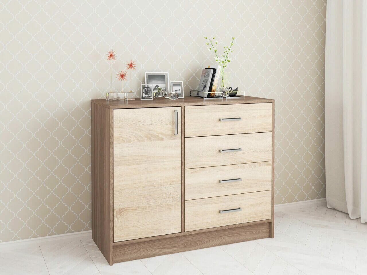 Комод «Катрин 6» 4 ящика, 1 створка, ЛДСП, ясень темный/дуб сонома (1000х430х830)