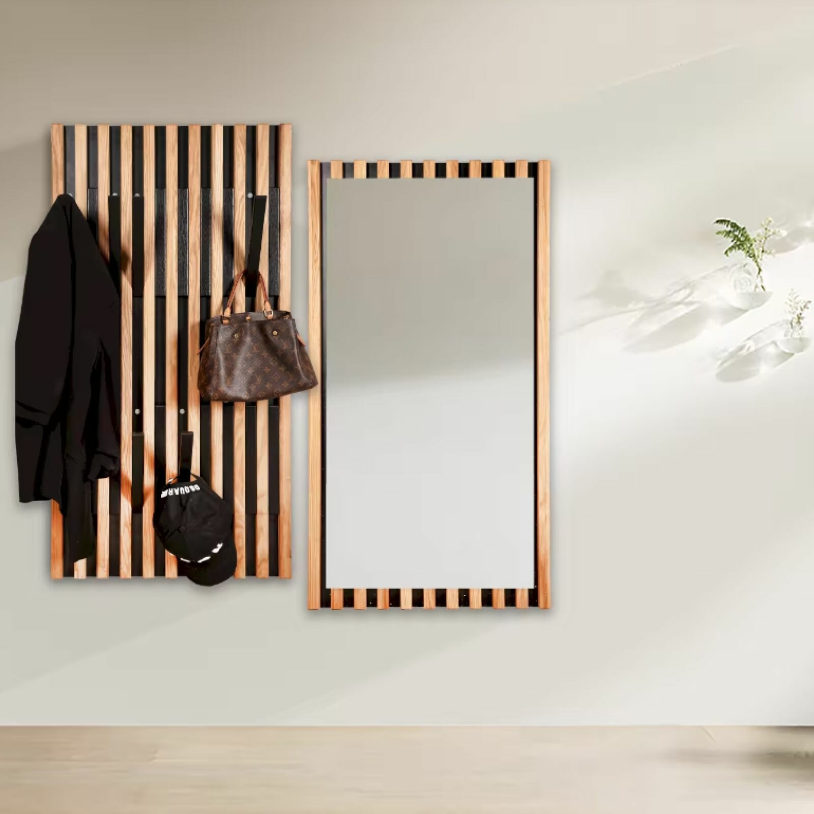 Вешалка настенная, 63х3.6х120, Пиафорте, со складными крючками, для одежды, в прихожую, черный / массив дуба, Dipriz