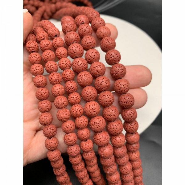 Каменные бусины, вулканическая лава люкс, пористая тонированная, кирпичная, шарик гладкий, 8 мм, длина нити 38 см, около 47 бусин