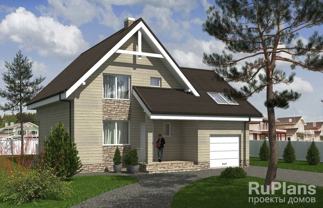 Одноэтажный дом с мансардой и гаражом (155 м2, 11м x 12м) Rg5262