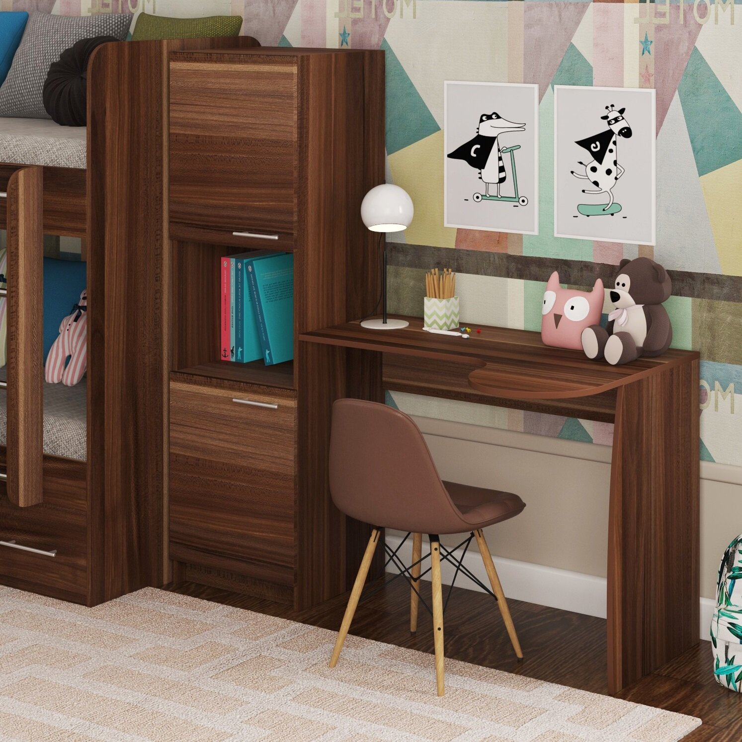 Письменный стол со стеллажом, с пеналом, Есэндвич Лаворо, 145x67,5х150 см, левый (Слива валлис)