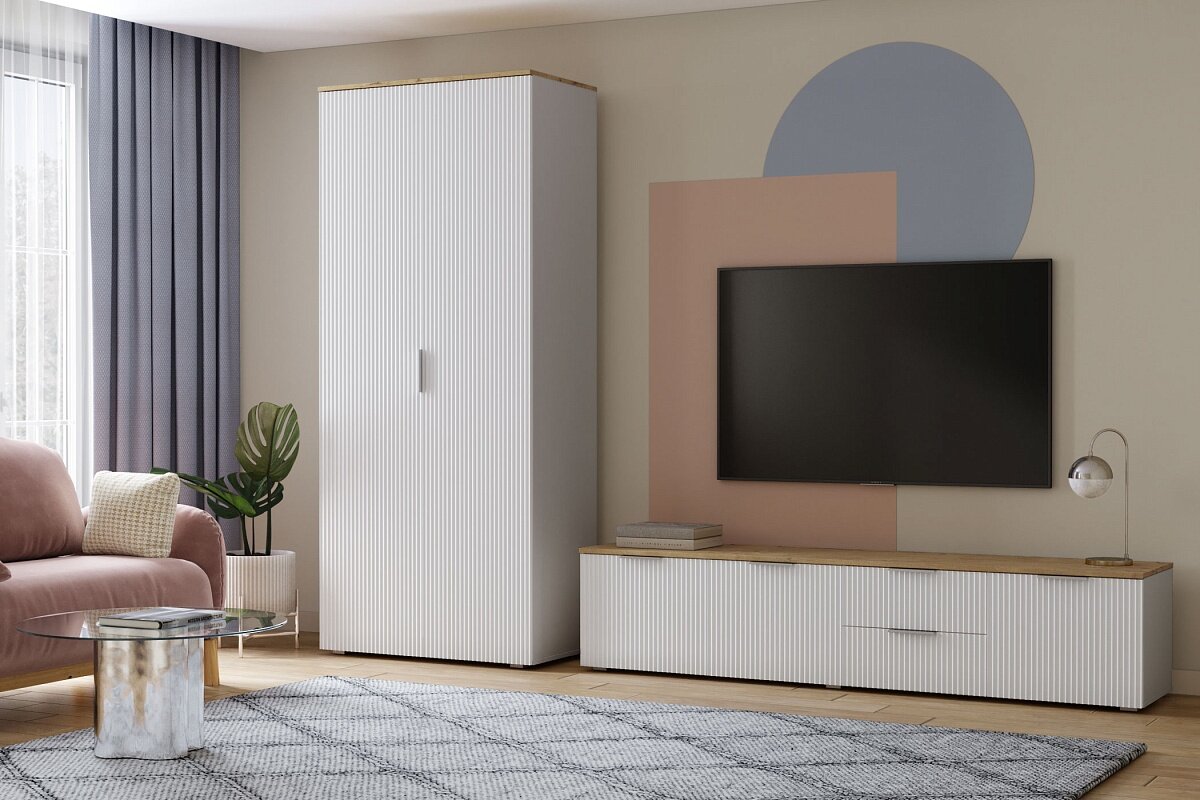 Гостиная МебельЛэнд24 Салерно - 2 Белый 289x50x212 со шкафом с тумбой