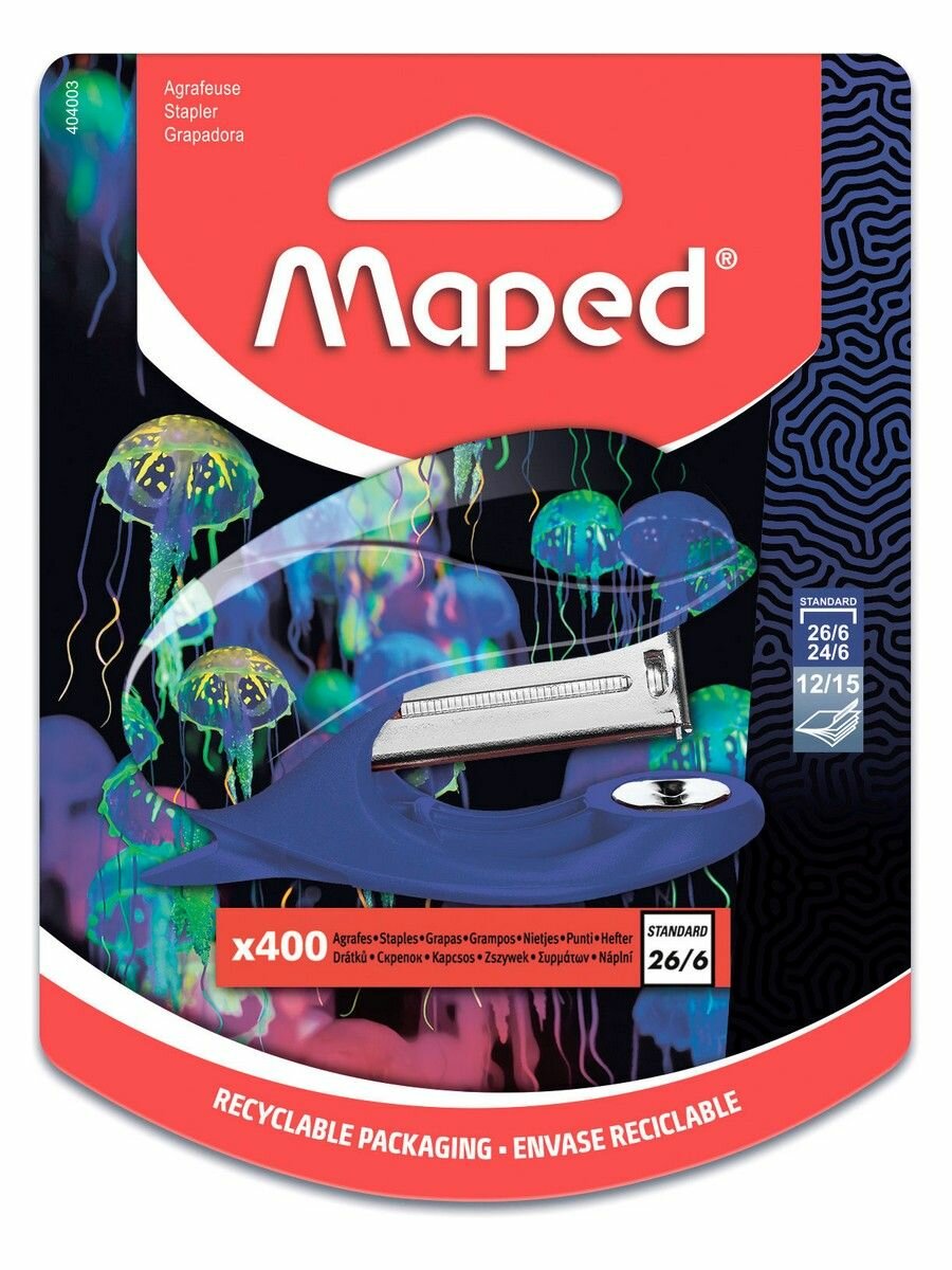 Степлер Maped DEEPSEA PARADISE, 15 л, встроенные скобы №26/6, антистеплер