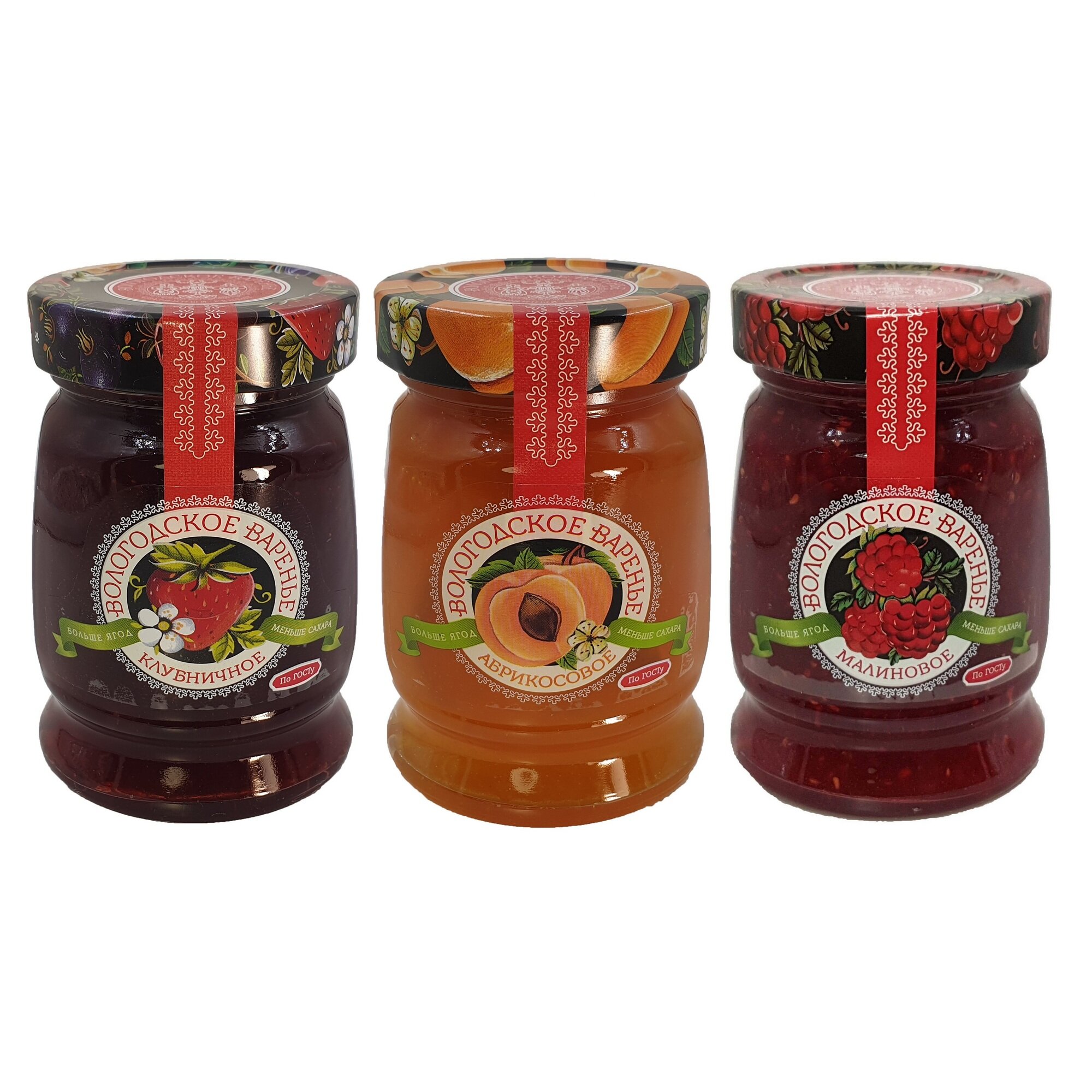 Варенье "Вологодское", набор (малина, клубника, арбикос) 3 баночки по 370г