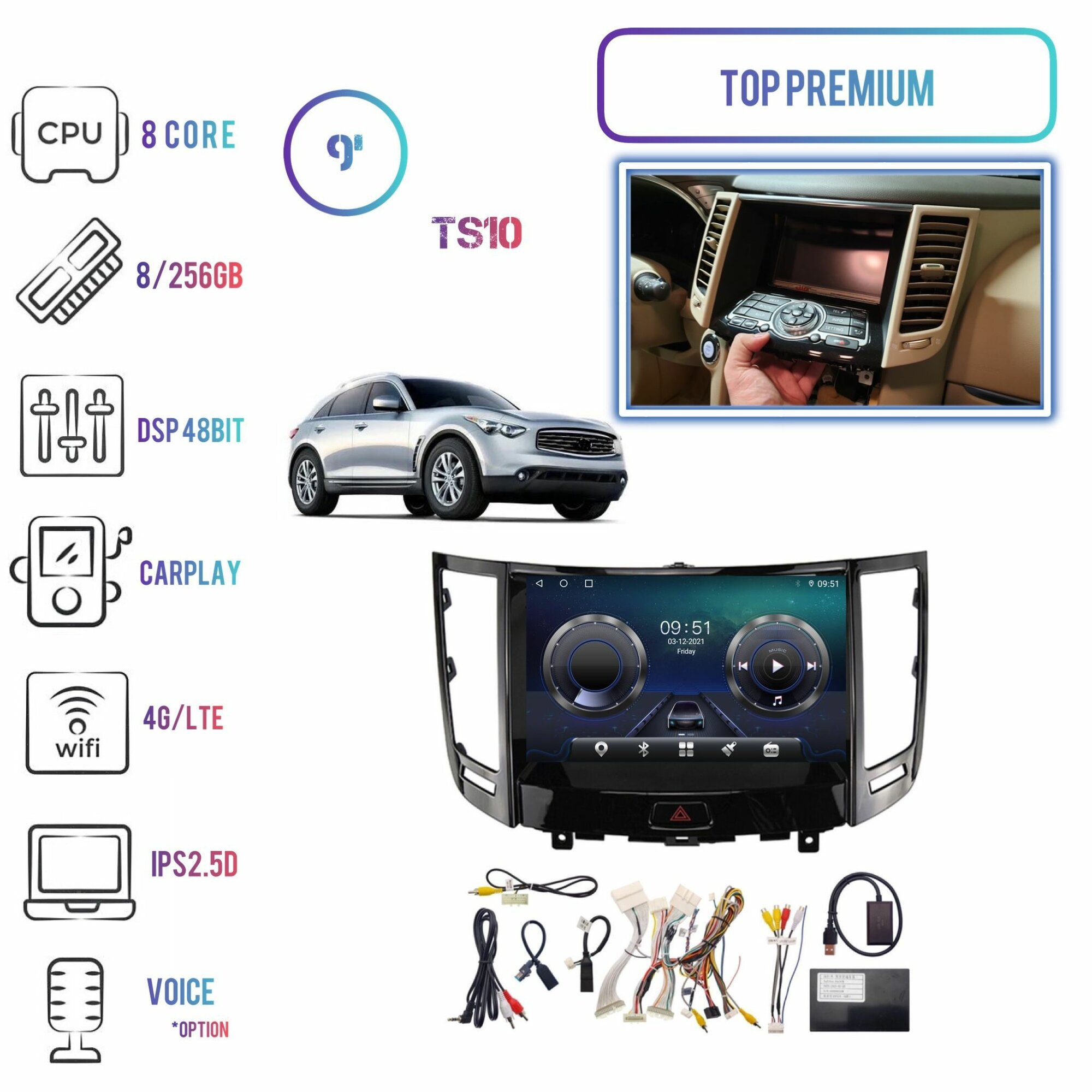 Магнитола для Infiniti FX35, FX37, FX50 2008 - 2013 MFB (CAN, AMP,360 View) на Андроиде 11 Car Edition TS10 8+256Gb