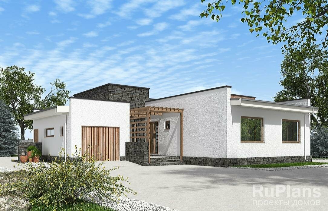 Одноэтажный дом с гаражом и террасой (135 м2, 15м x 15м) Rg6046