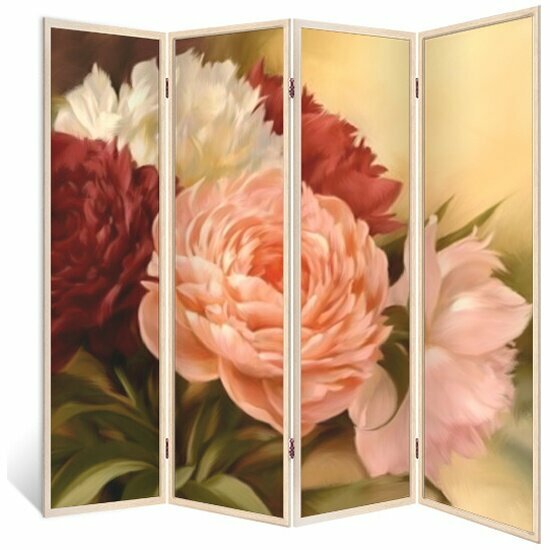 Ширма перегородка Декор Депо для комнаты деревянная "Букет пионов" двухсторонняя с картинкой (цветы) 4 створки кремовый дуб 176х185 см 14 кг
