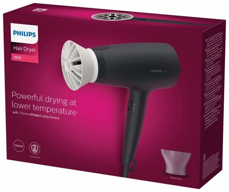 Фен Philips BHD302/10, 1600 Вт, ThermoProtect, мотор DC, цвет черный — фото 1