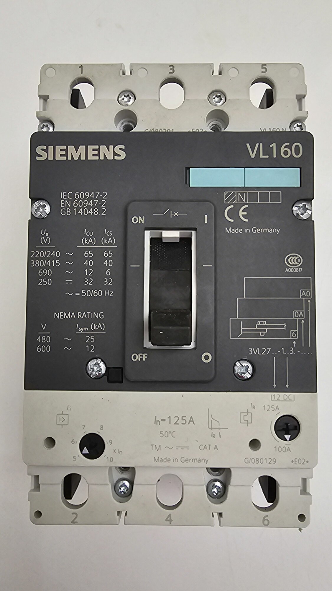 Выключатель автоматический трехполюсный VL160N 125А 55кА/415V AC защита линий расцепитель TM 3VL2716-1AA36-0AA0+3VL9212-7DC30 SIEMENS
