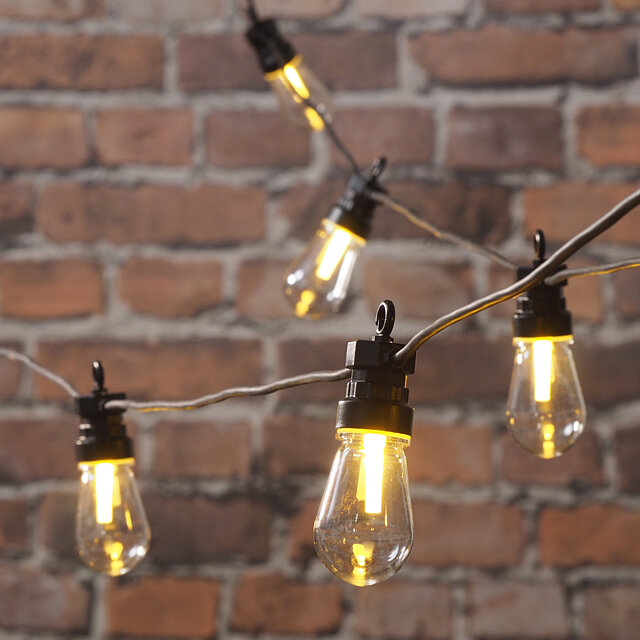 Гирлянда из лампочек Ретро, 20 ламп, теплые белые LED, 9.5 м, черный ПВХ, соединяемая, IP44, Kaemingk, 490122